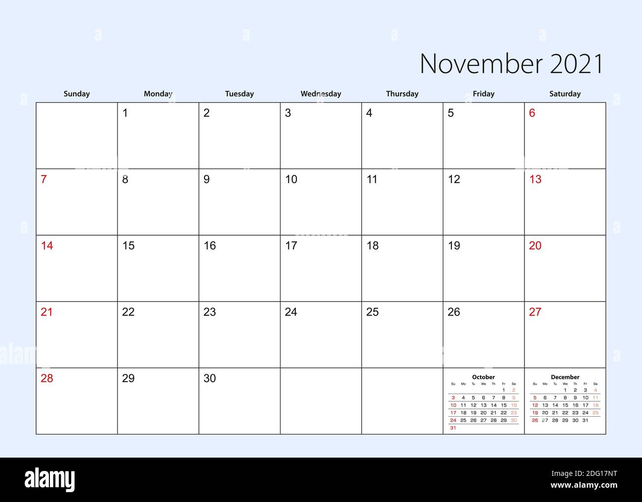 Wall calendar planner for November 2021. English language, week starts ...