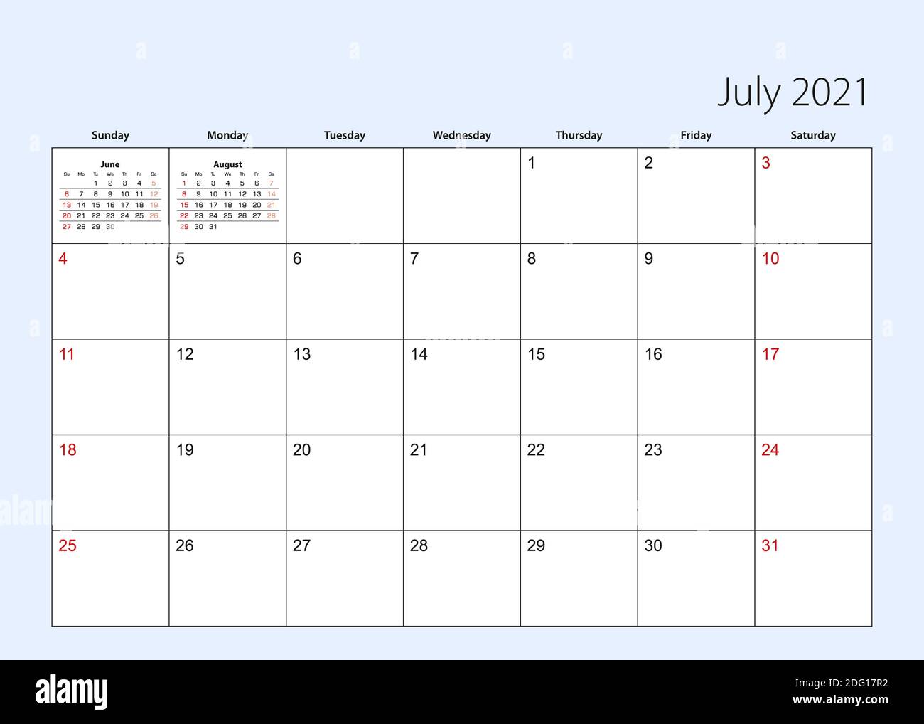 Wall calendar planner for July 2021. English language, week starts from ...
