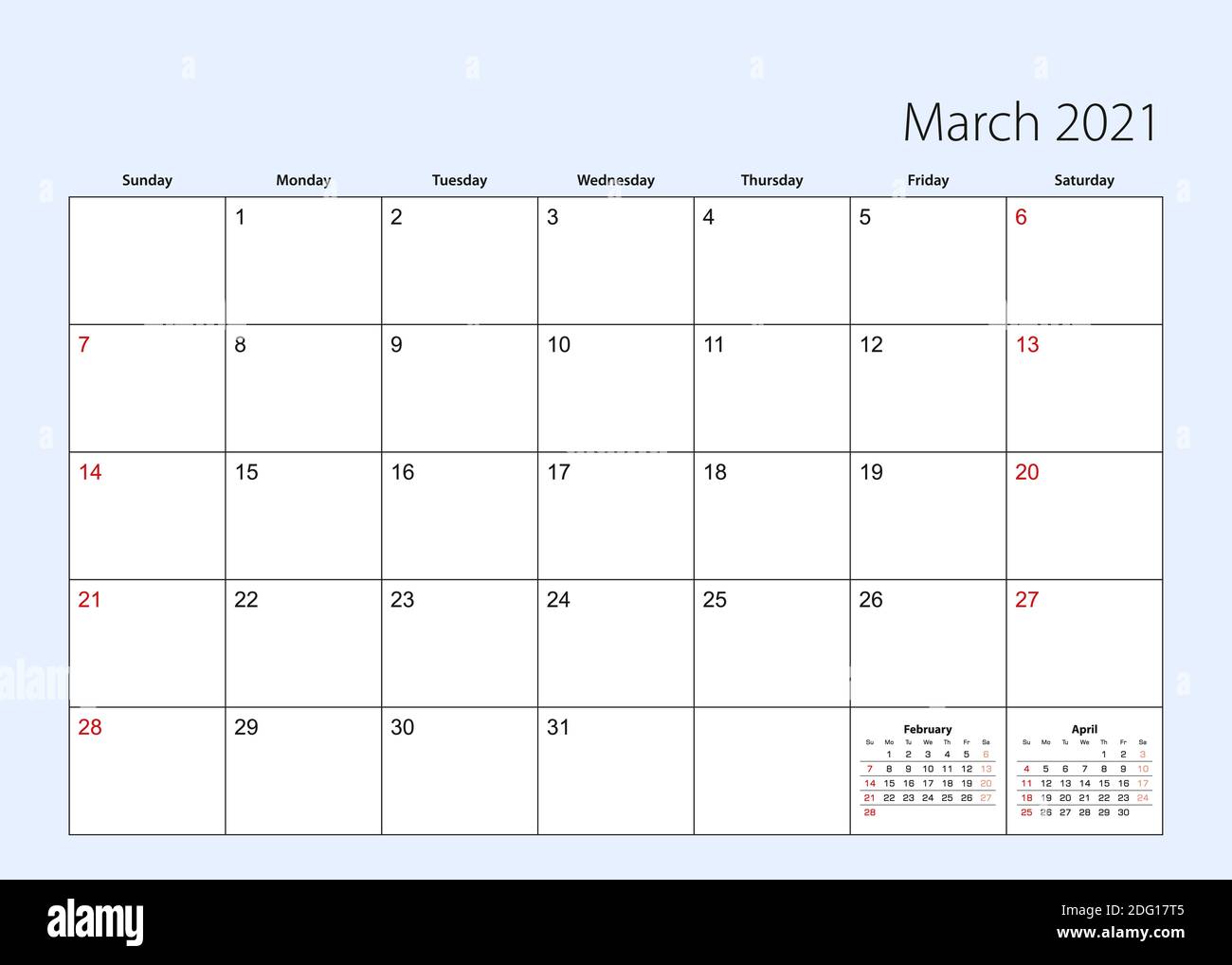 Wall calendar planner for March 2021. English language, week starts ...