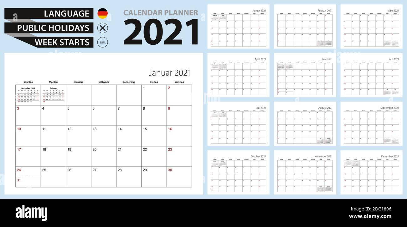 German calendar planner for 2021. German language, week starts from ...