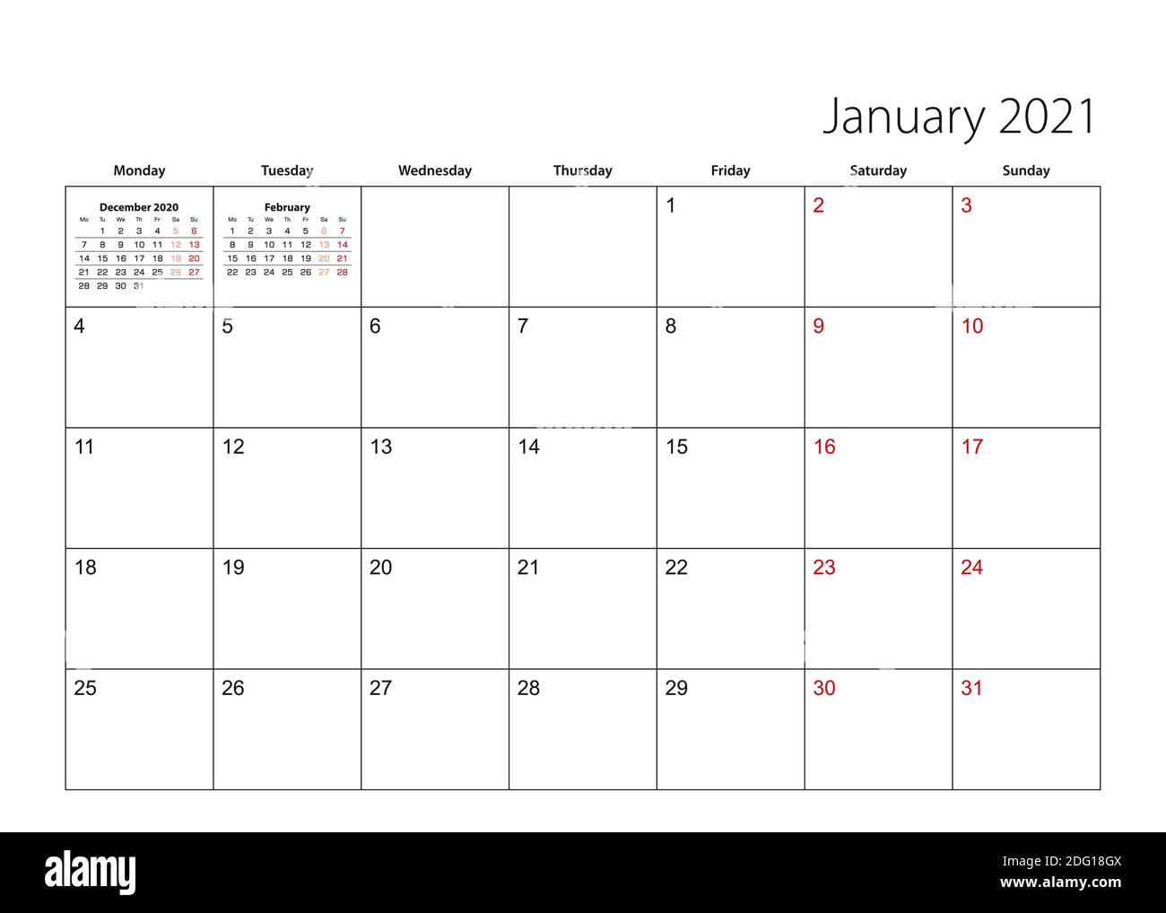 January 2021 simple calendar planner, week starts from Monday. Vector ...