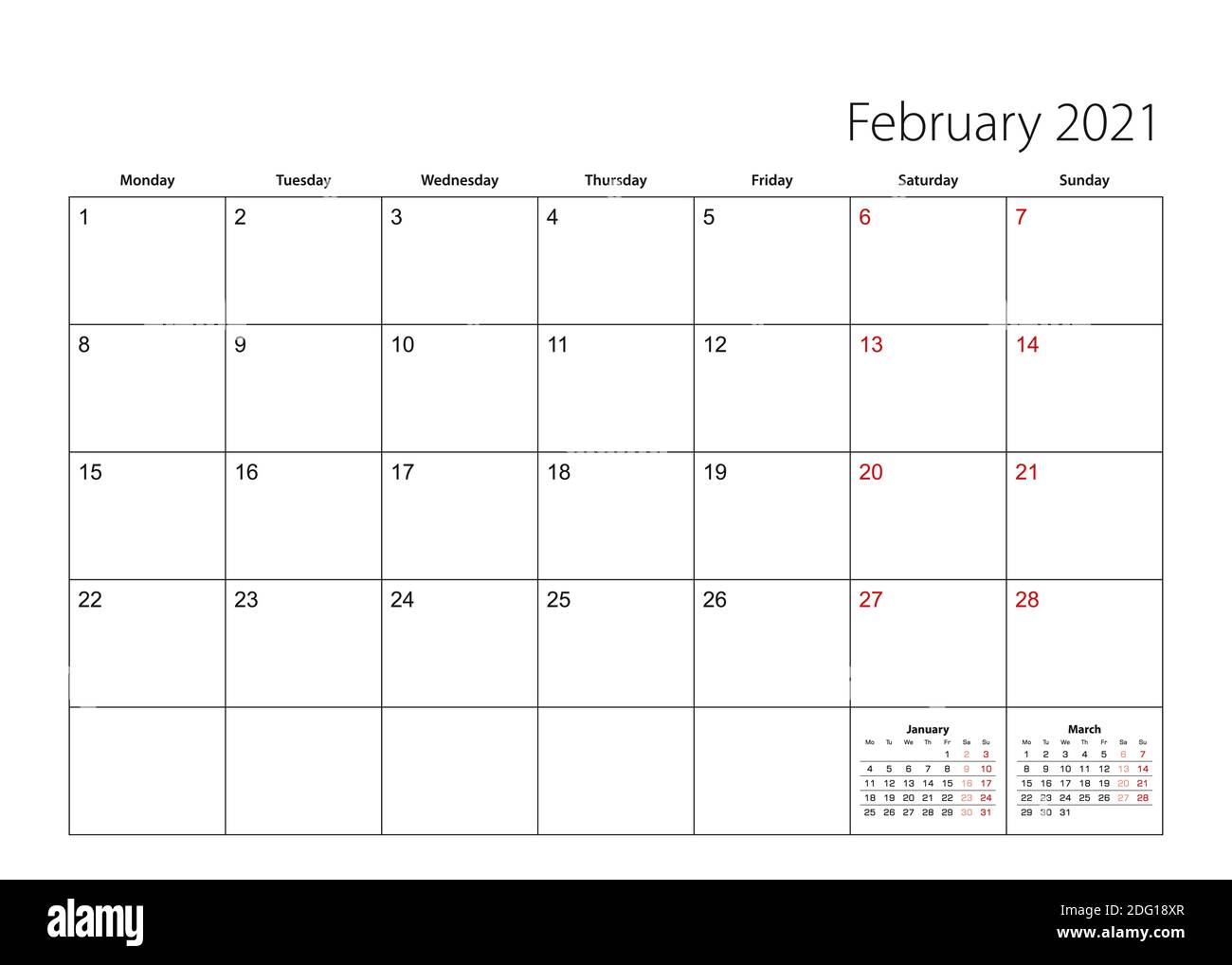February 2021 simple calendar planner, week starts from Monday. Vector ...