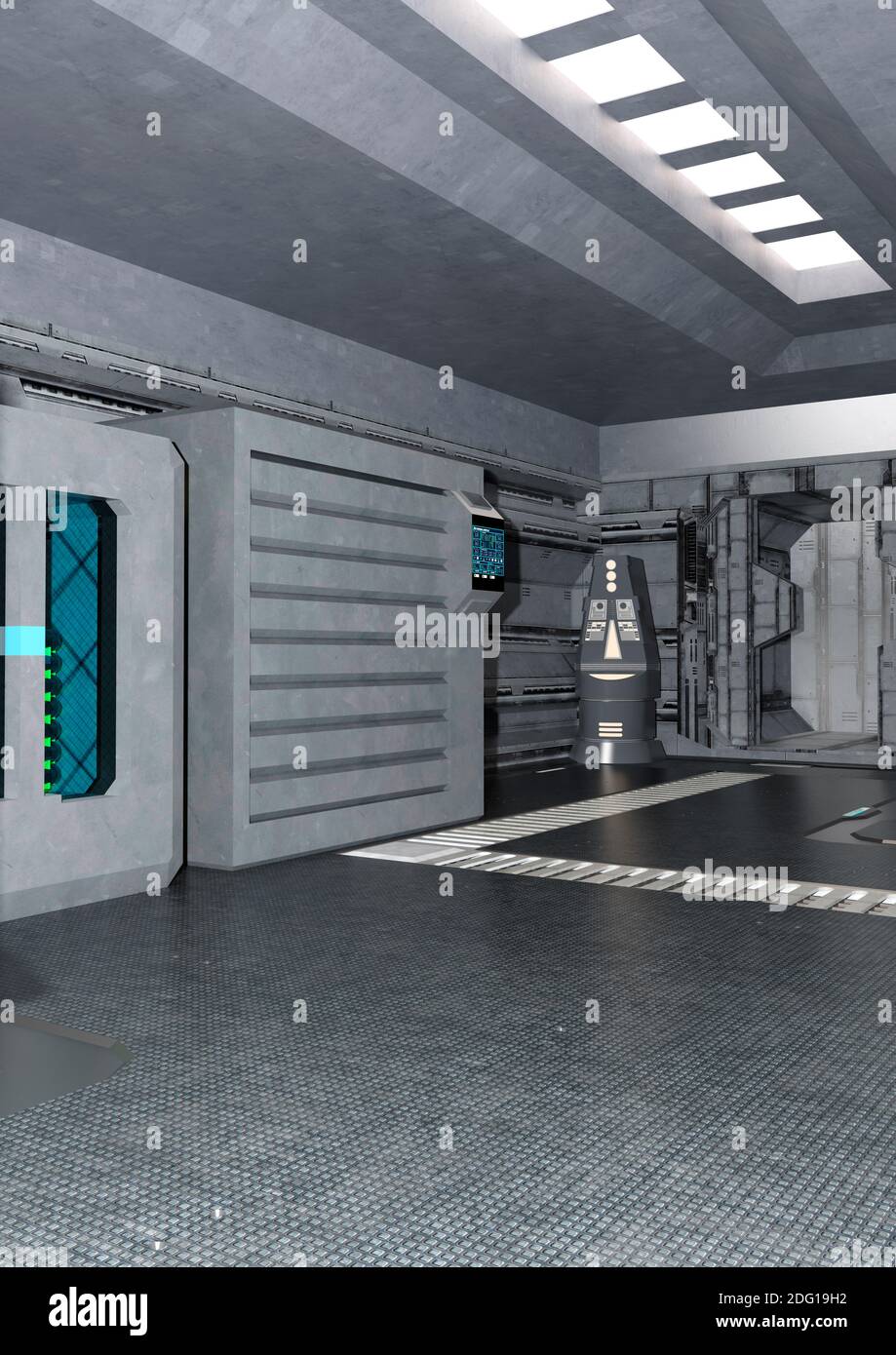 3D rendering of a science fiction space laboratory corridor Stock Photo ...