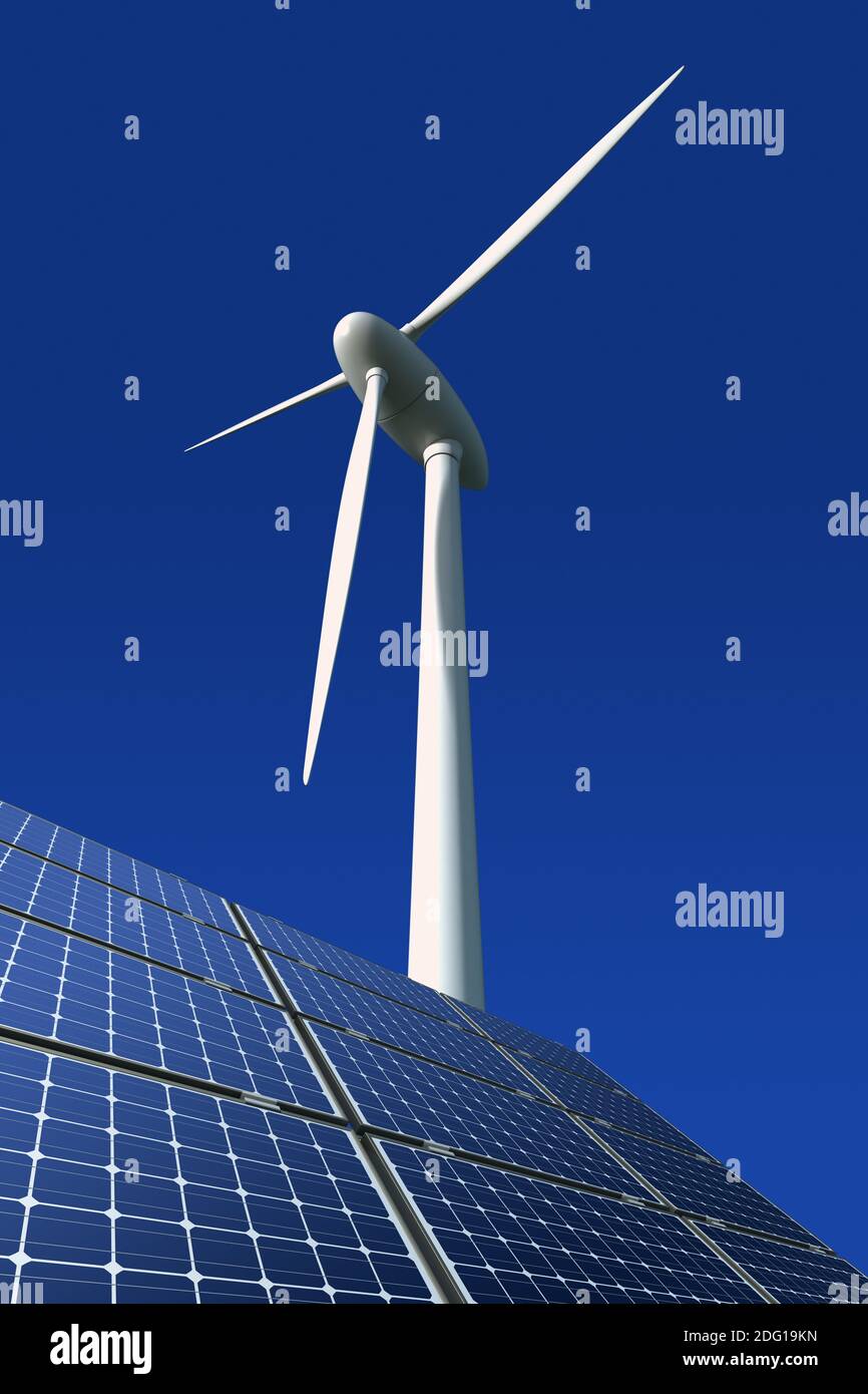 Solar modules and wind turbine against a blue background Stock Photo ...