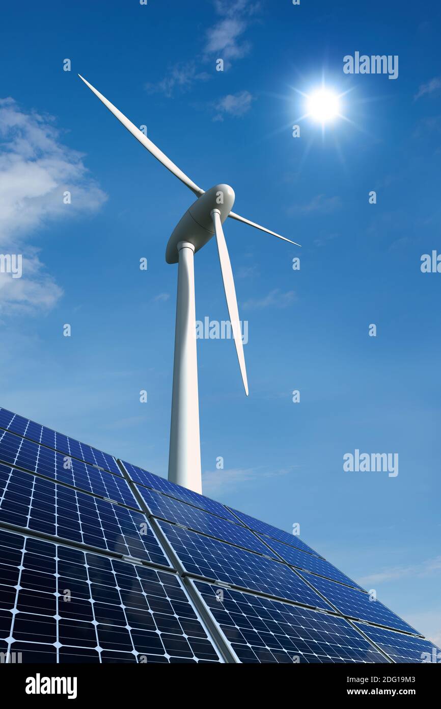 Solar modules and wind turbine in front of a sunny sky Stock Photo - Alamy