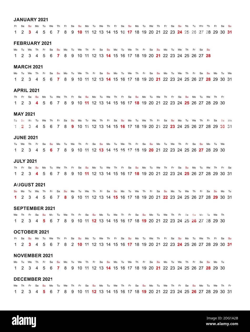 Simple horizontal calendar template year 2021, vector illustration ...