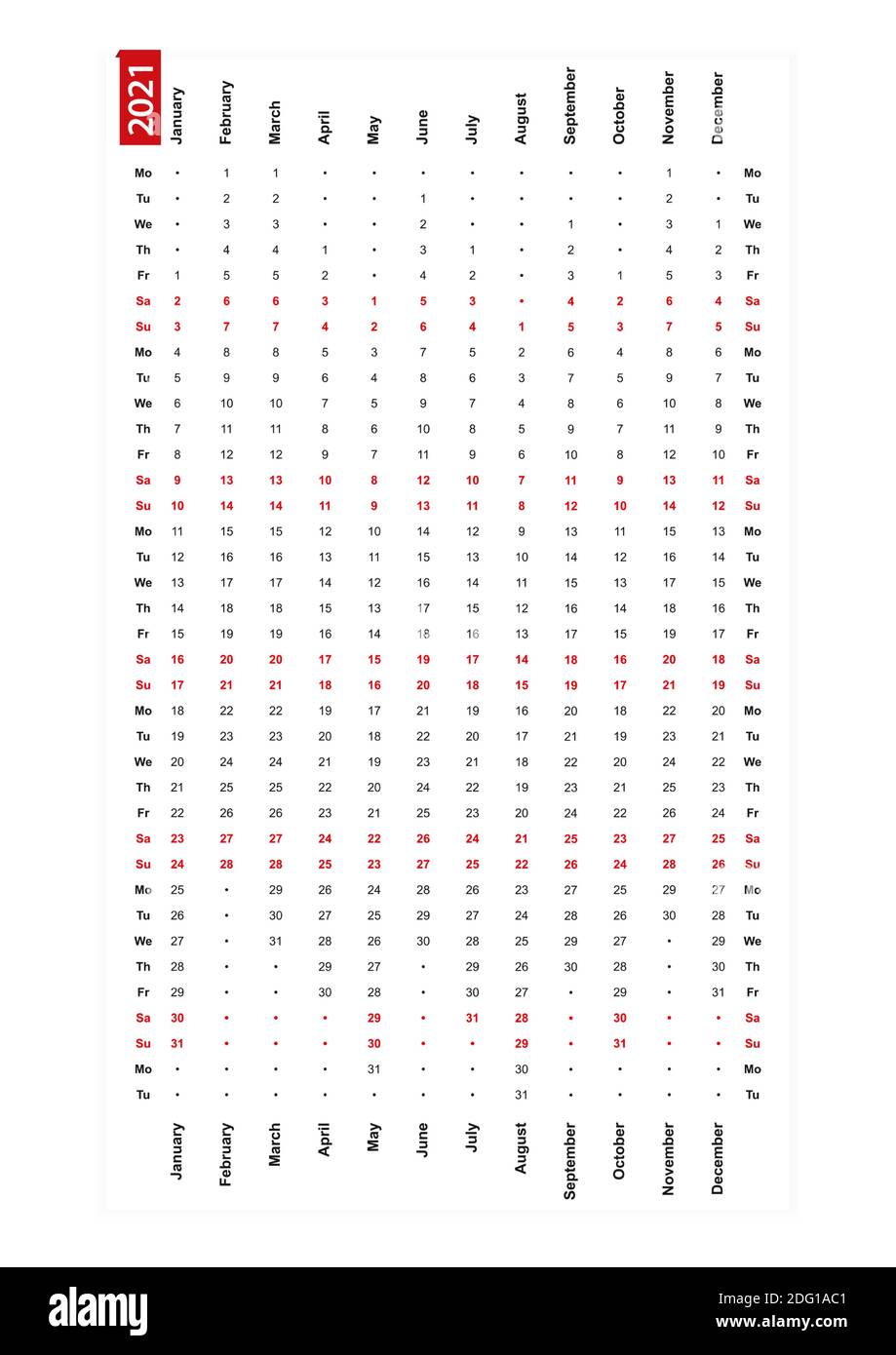One row vertical calendar 2021, monday first day of the week. Vector ...