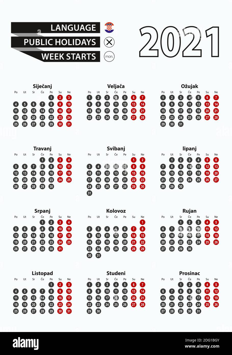 Vector template calendar 2021 with number in circles, simple Croatian ...