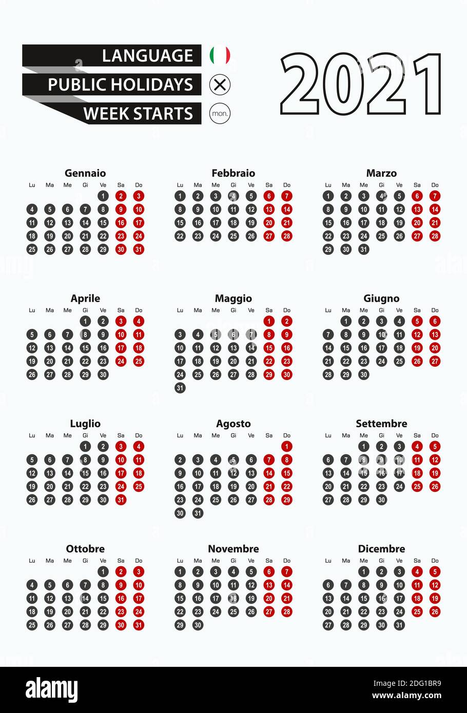 Vector template calendar 2021 with number in circles, simple Italian ...