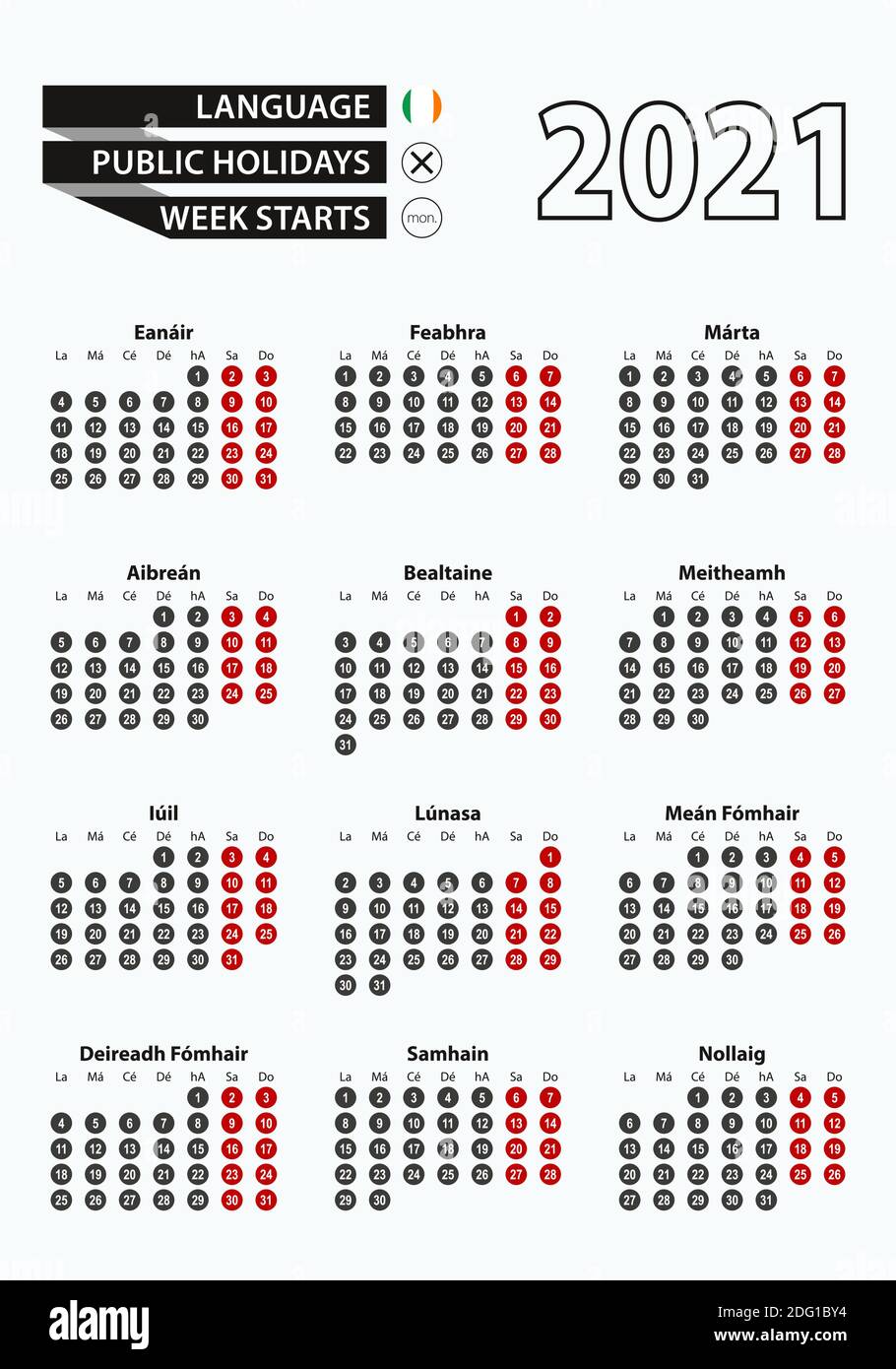 Vector template calendar 2021 with number in circles, simple Irish ...