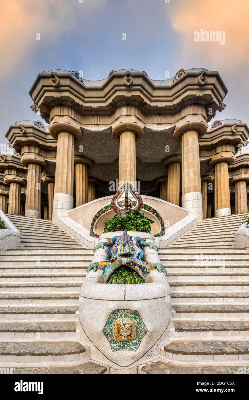Main staircase with multicolored mosaic salamander, Park Guell ...