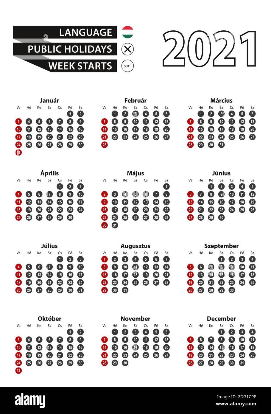 Hungarian calendar 2021 with numbers in circles, week starts on Sunday ...
