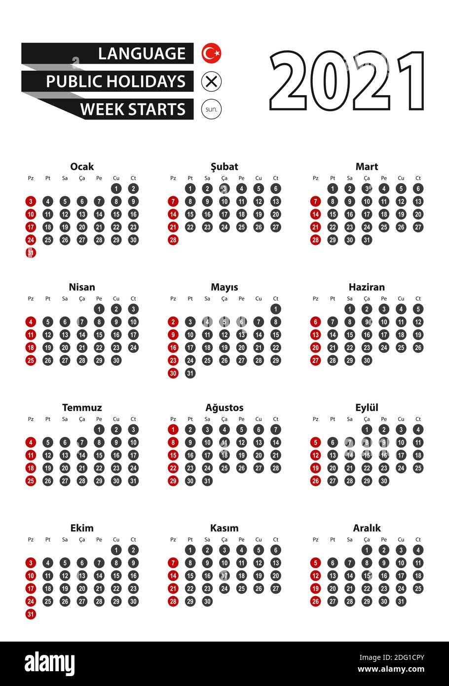 Turkish calendar 2021 with numbers in circles, week starts on Sunday ...