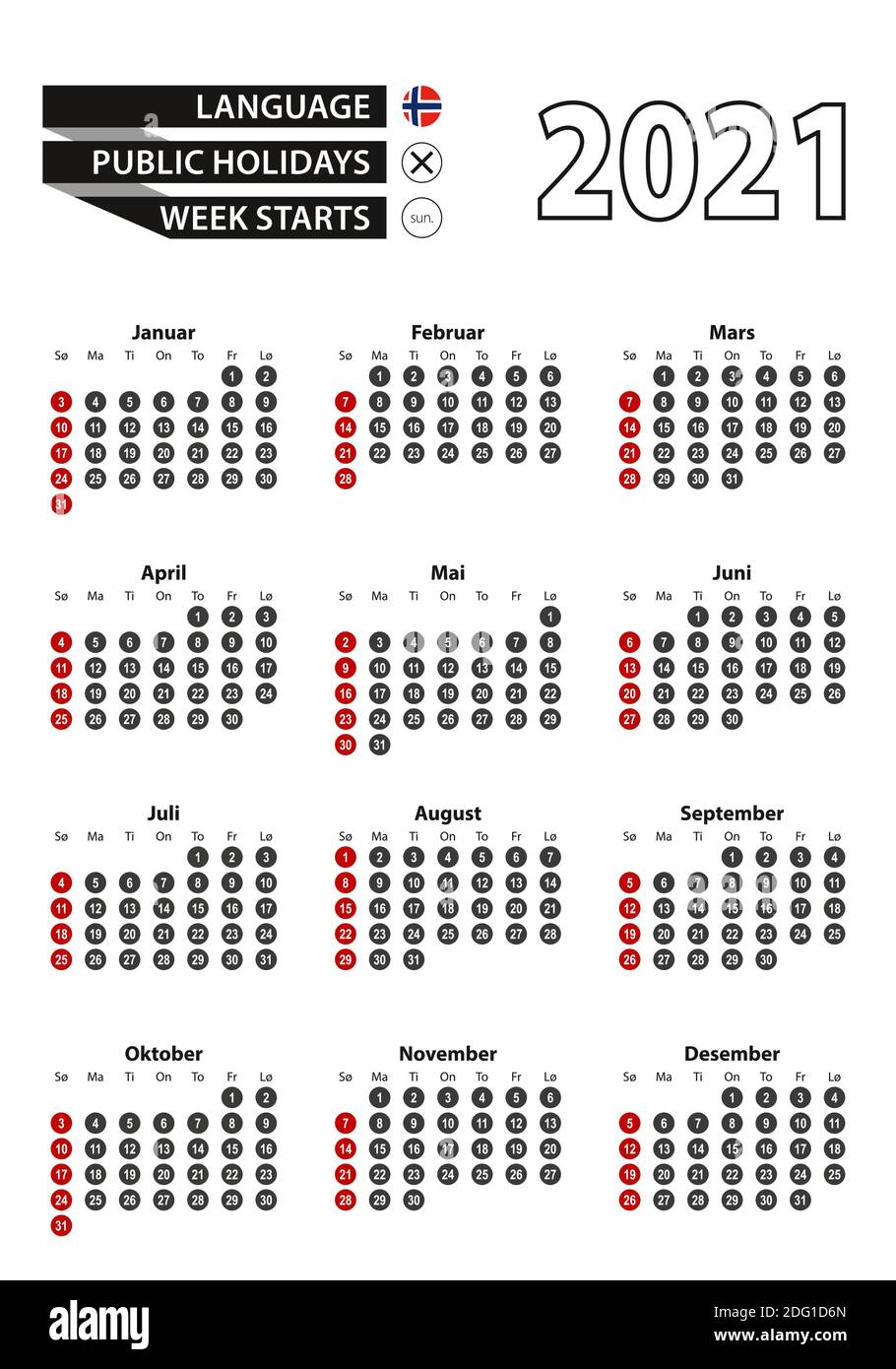 Norwegian calendar 2021 with numbers in circles, week starts on Sunday ...
