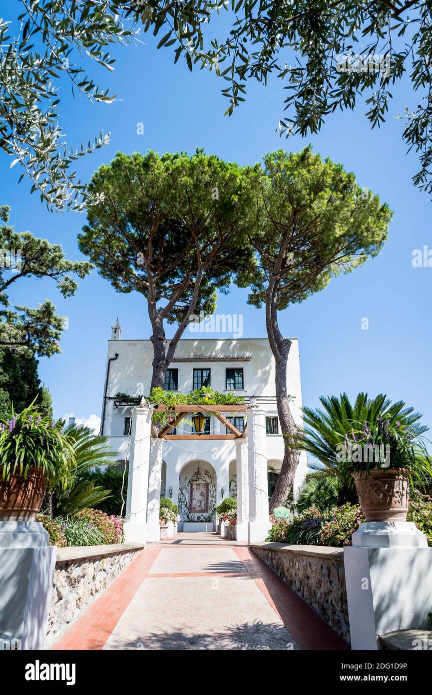 The front facade of Villa Eva in the town of Ravello Italy. A renowned ...