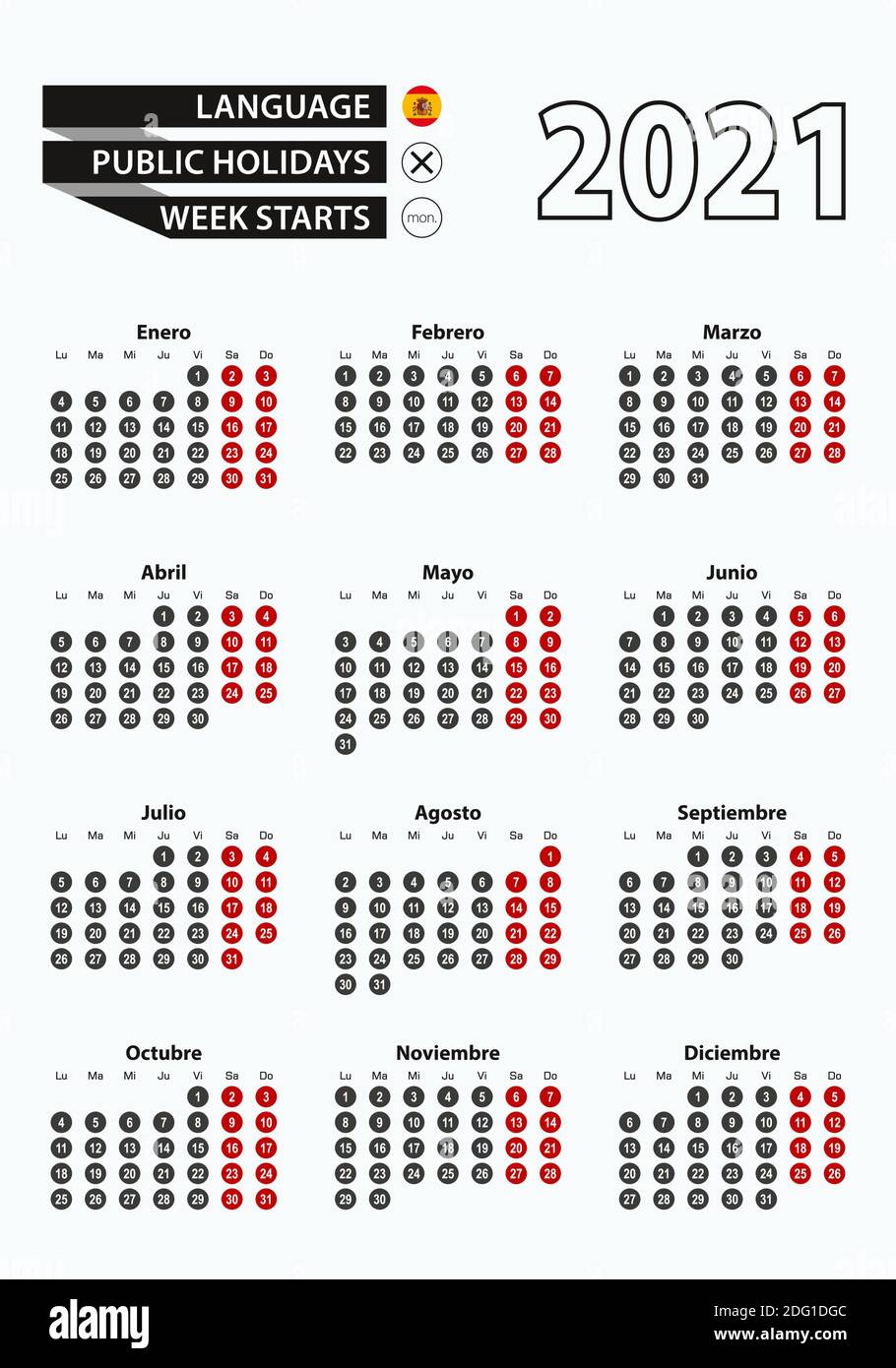 Vector template calendar 2021 with number in circles, simple Spanish ...