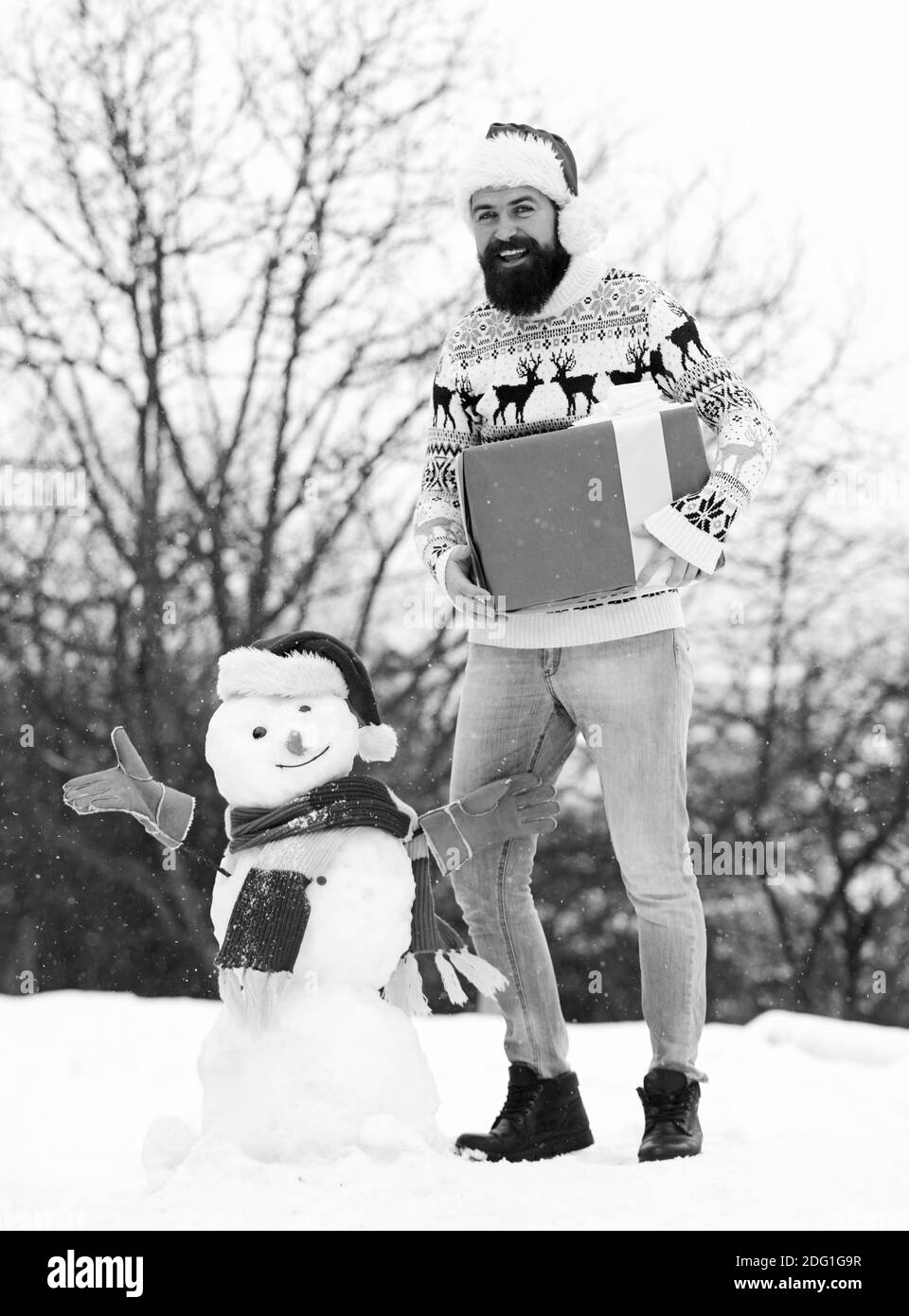 Fun and entertainment. Guy happy face snowy nature background. Winter ...