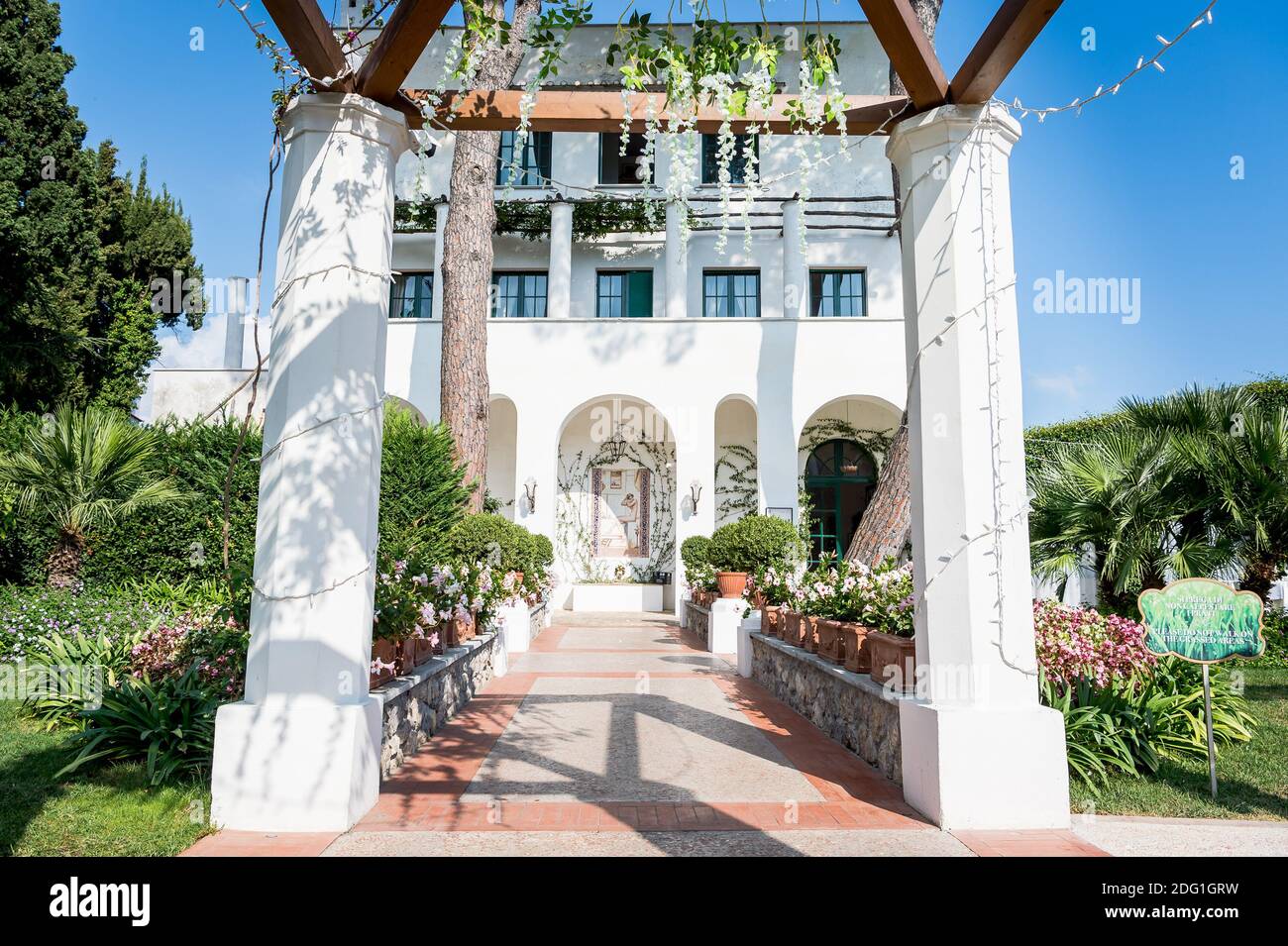 The front facade of Villa Eva in the town of Ravello Italy. A renowned ...