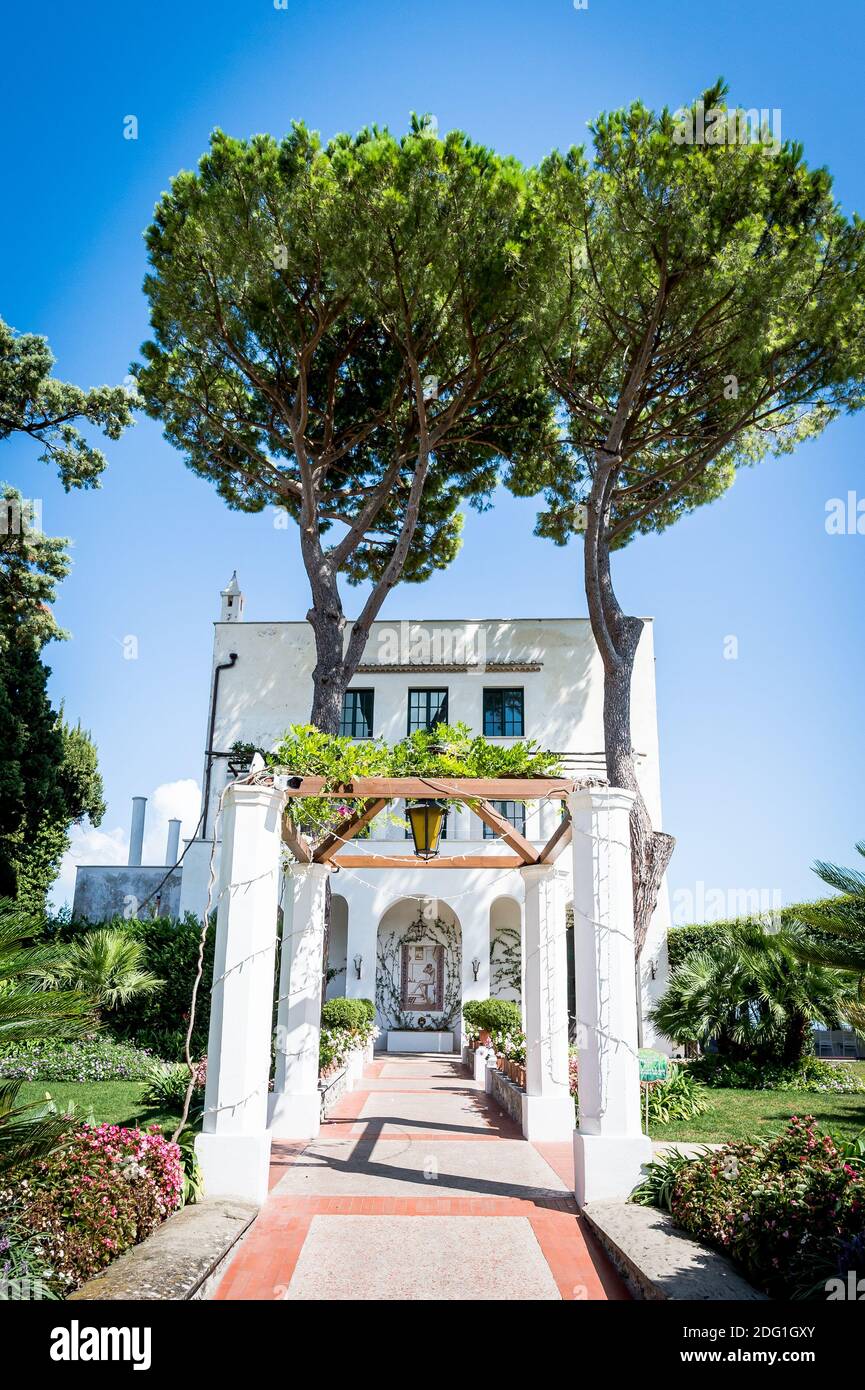 The front facade of Villa Eva in the town of Ravello Italy. A renowned ...