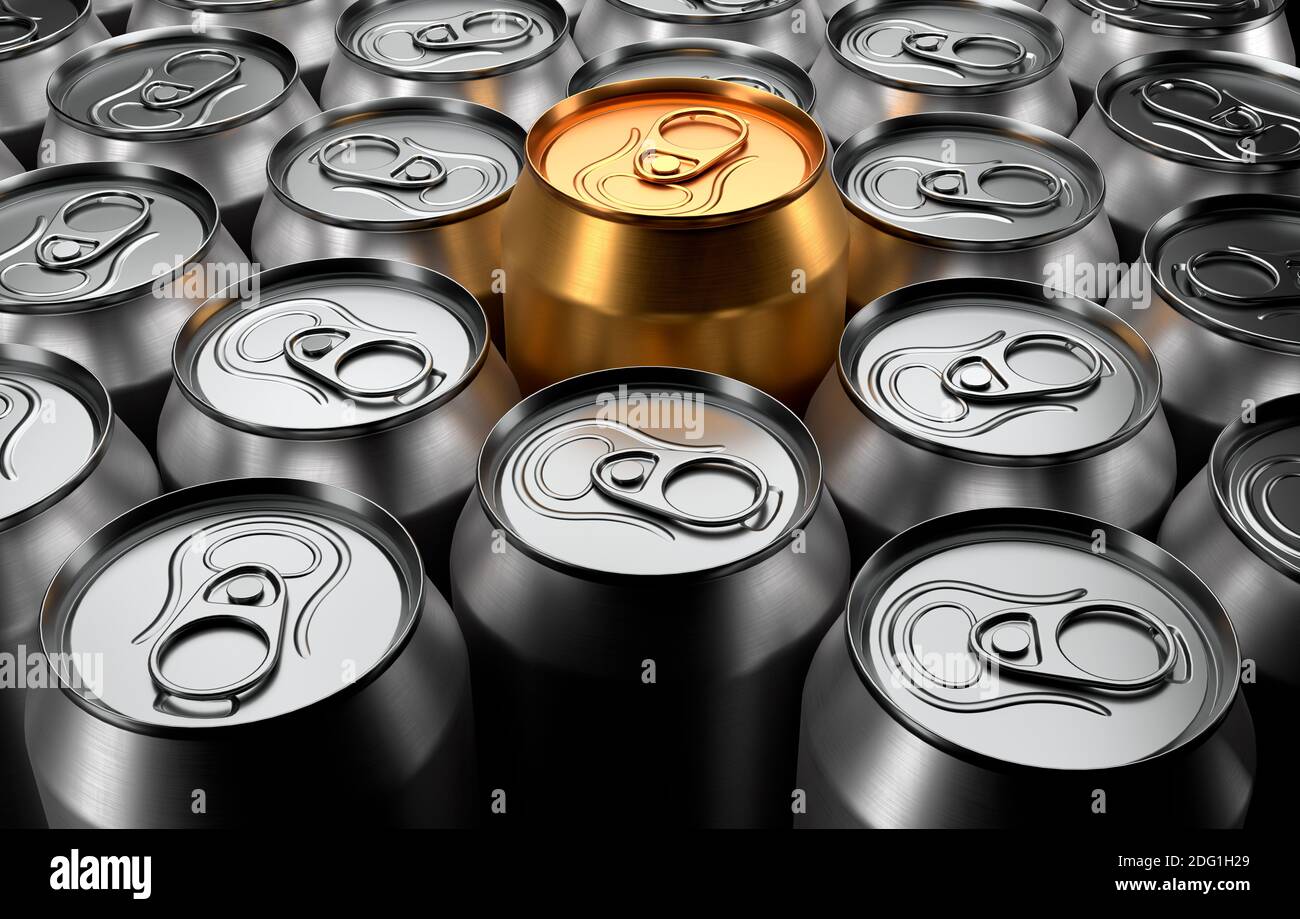 Unique golden can among group of silver recyclable cans cans. View from ...
