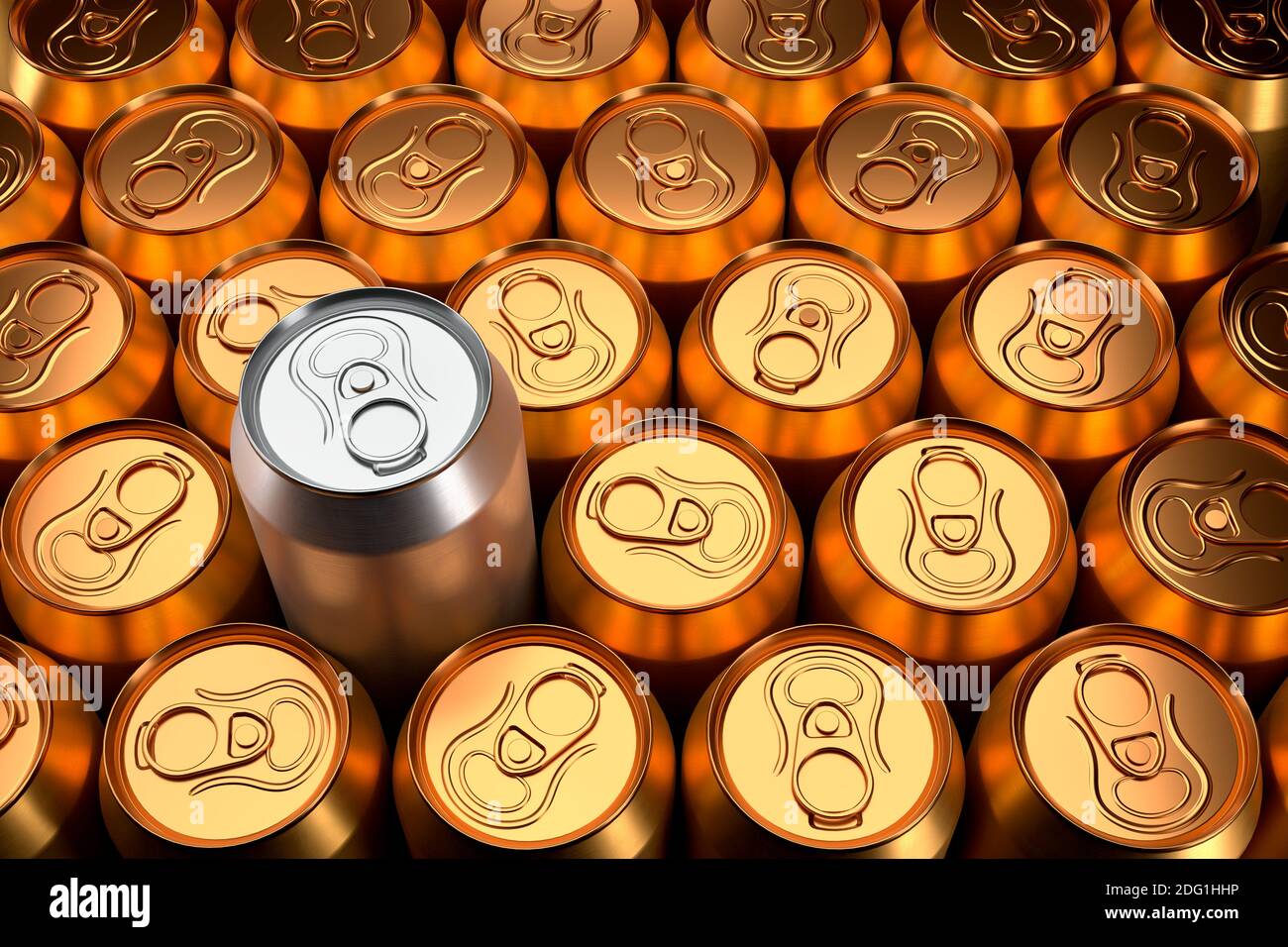 Unique silver can among group of golden recyclable cans cans. View from ...