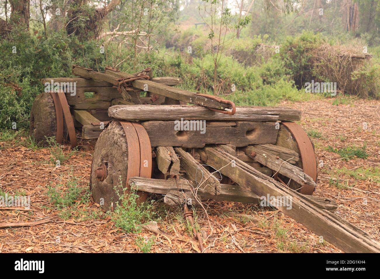 Remains of an old wooden bullock dray in the Nyerimilang Heritage Park ...
