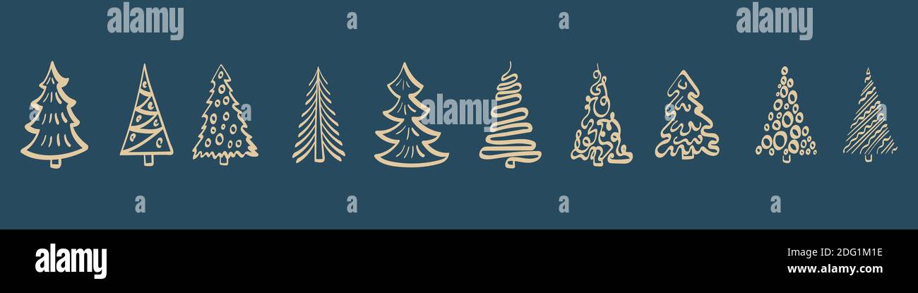 Hand drawn Christmas tree standing in a line. Horizontal border on dark ...