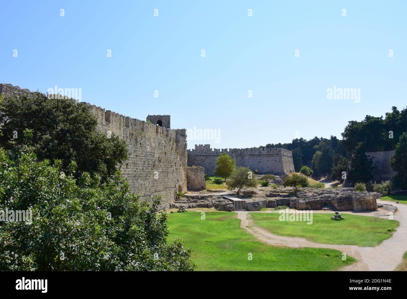 A view of the ancient walls of the old town of Rhodes on the Greek ...