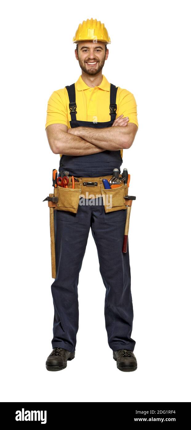 Classic pose of young caucasian confident handyman Stock Photo - Alamy