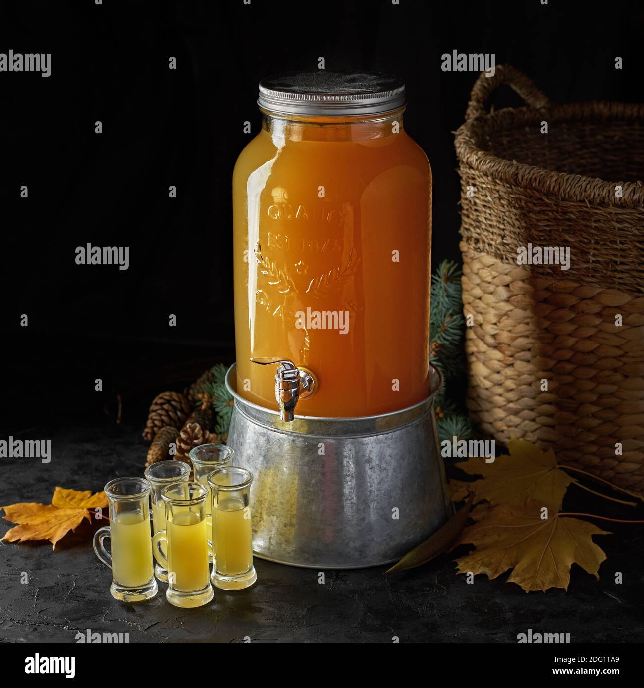 Homemade tincture of ginger or ale on a dark background. Country style ...