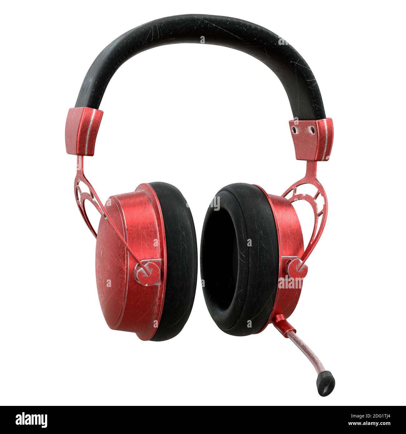 Used metal gaming headphones with microphone and scratches isolated on ...