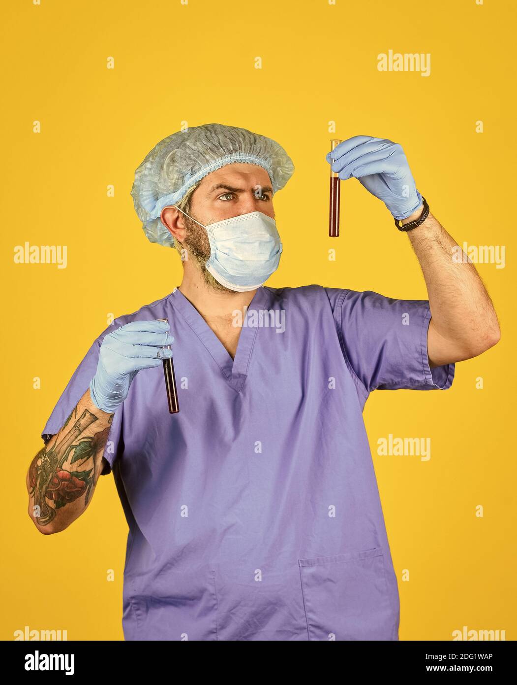nurse man wear respirator mask hold blood test. symptoms of acute ...