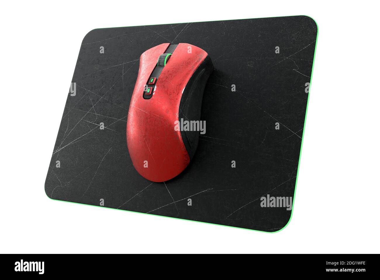 Used metal red gaming mouse with scratches on professional pad isolated ...