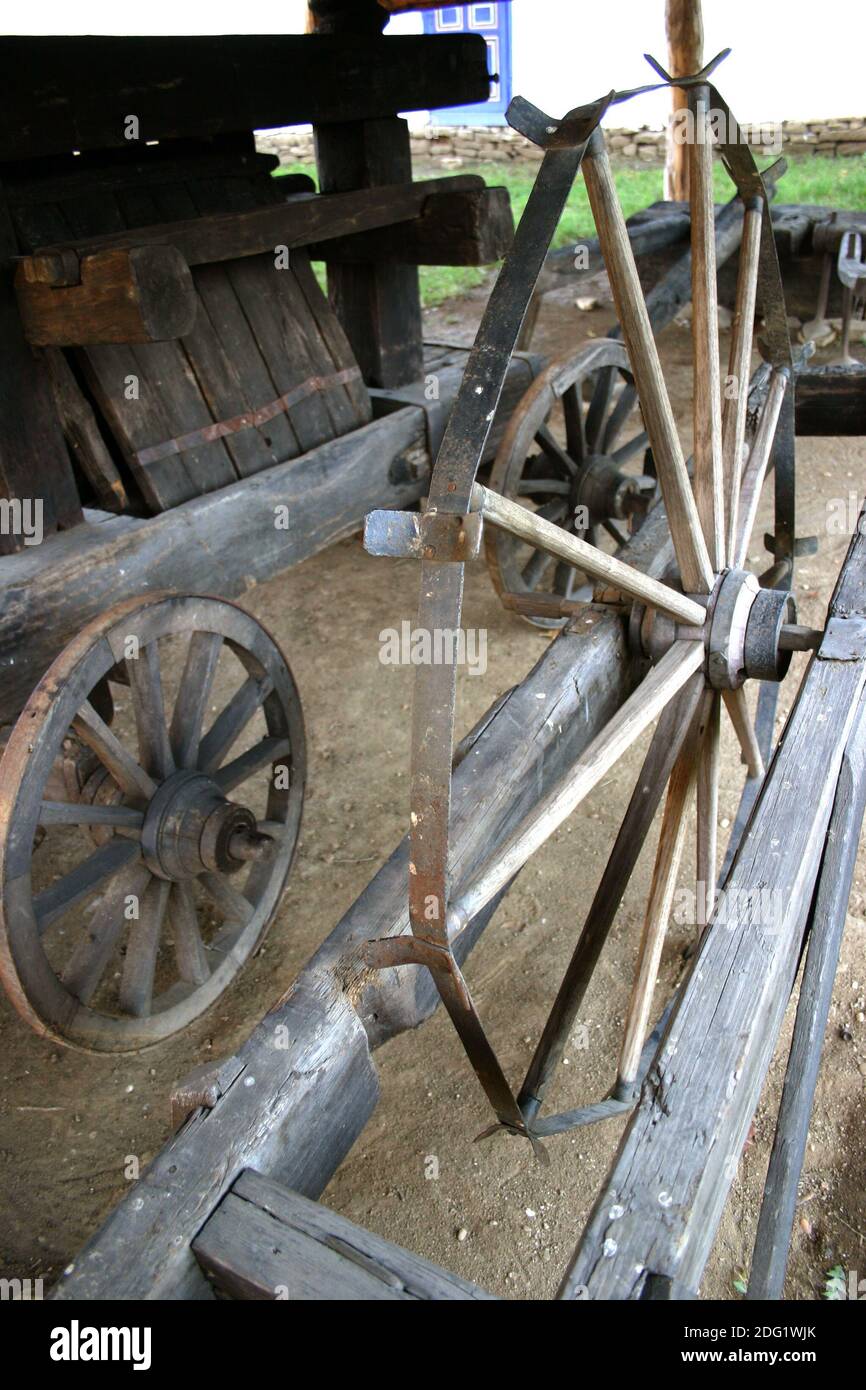 Display of old agricultural tools at the Village Museum in Bucharest ...