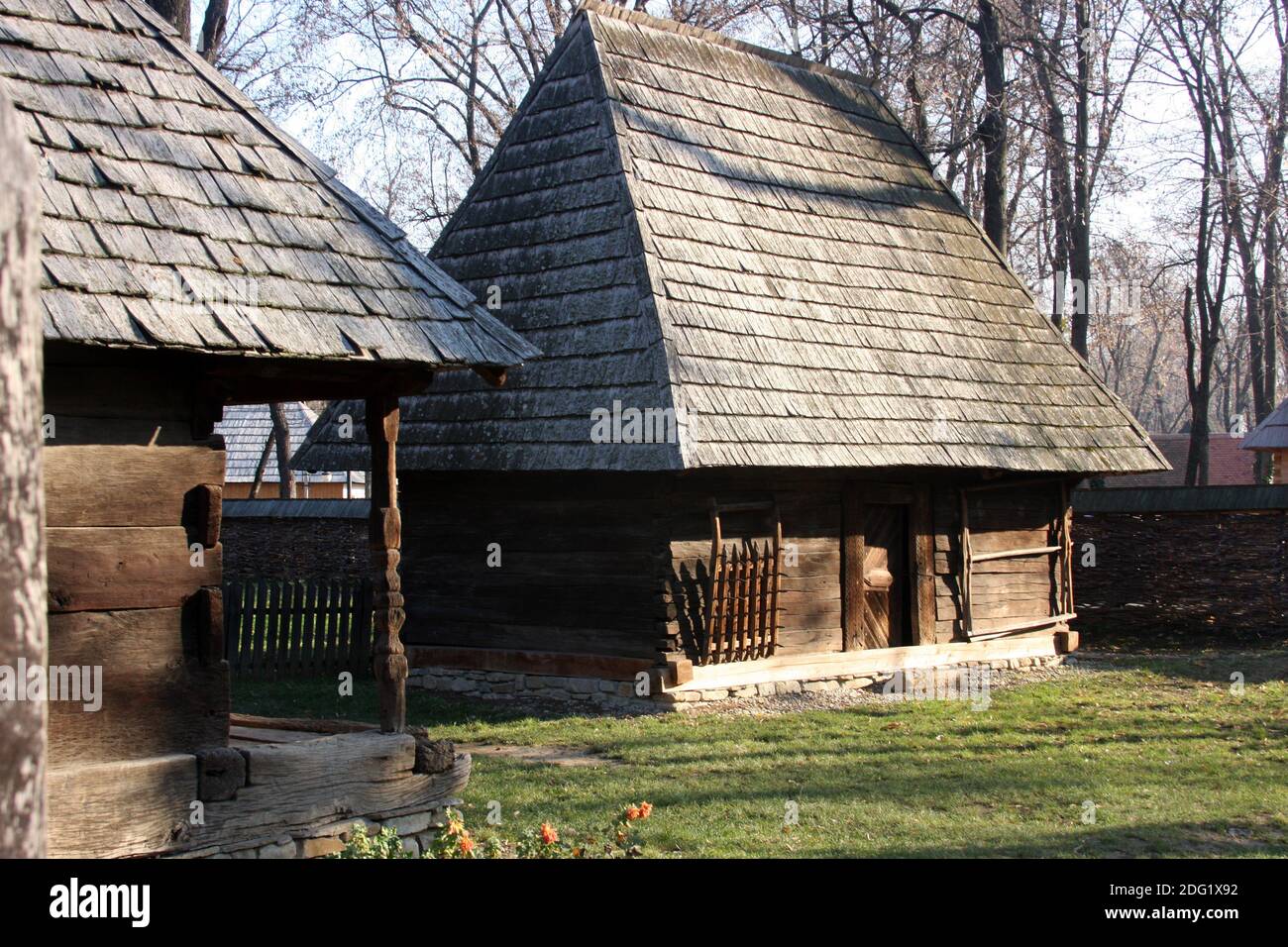 The Village Museum, Bucharest, Romania. Wooden barn on the premises of ...