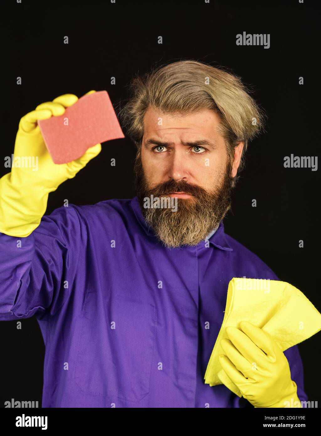 Duty and cleaner. male using sponge. Take care hygiene. bearded man in ...