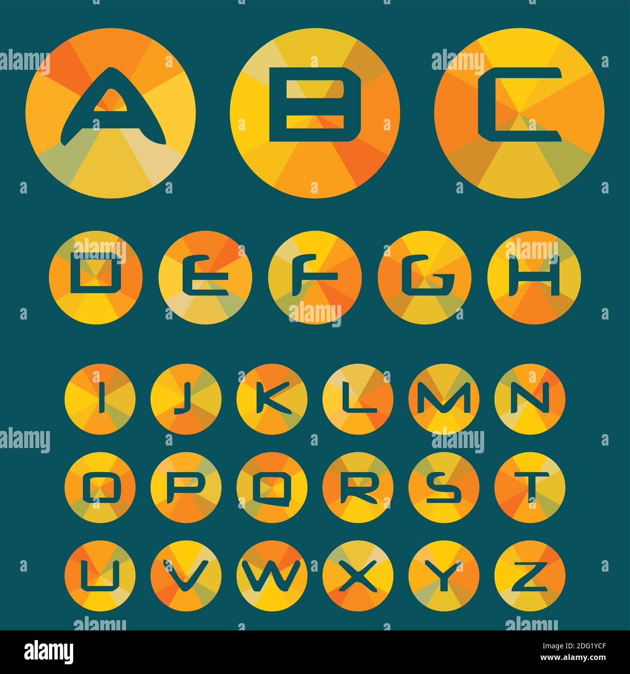 Inverse font with letters of the alphabet in circles with colored rays ...