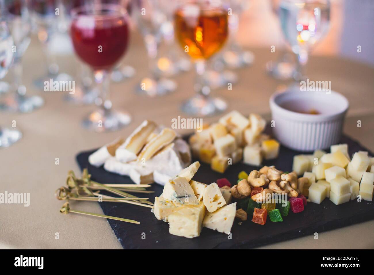Beautifully decorated catering banquet table with different food snacks ...