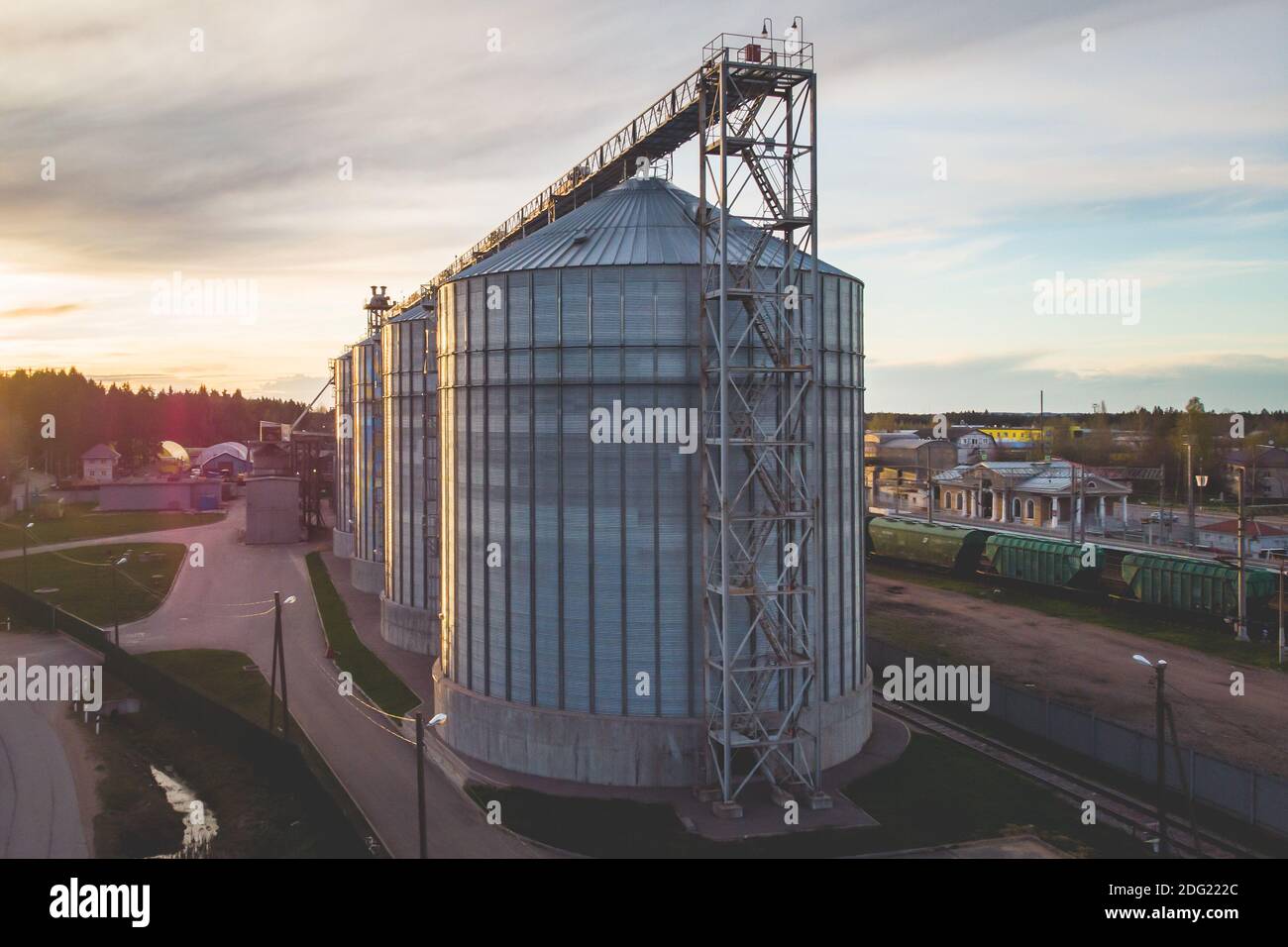 Aerial top view of Grain Elevator Silos, Granary of a feed mill built ...