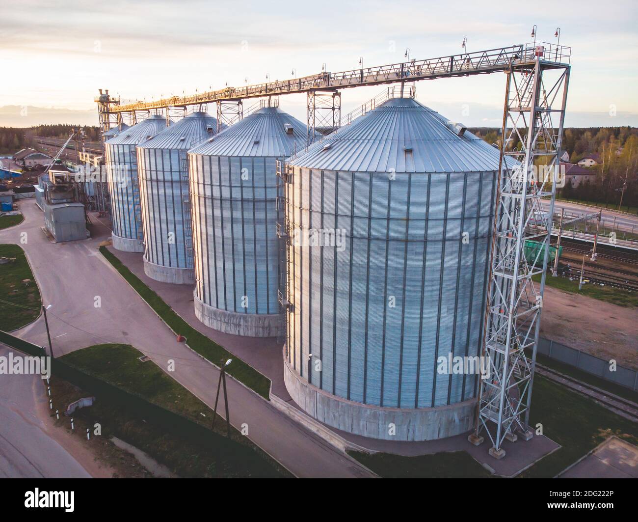 Aerial top view of Grain Elevator Silos, Granary of a feed mill built ...