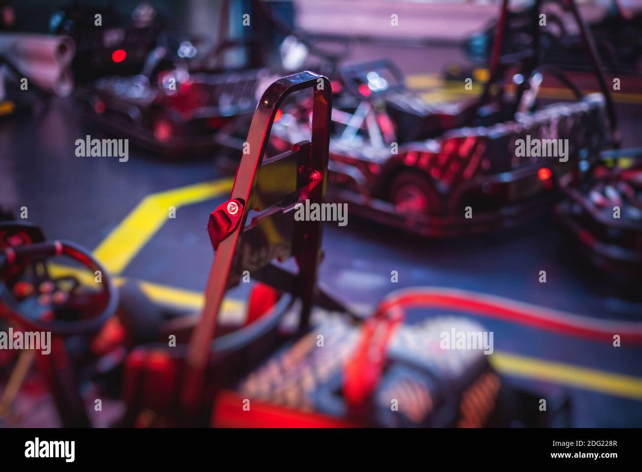 View of indoor electric karting racetrack, kart competition, go-cart ...