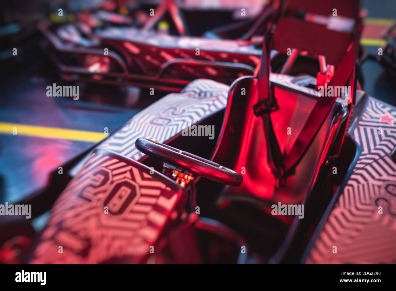 View of indoor electric karting racetrack, kart competition, go-cart ...