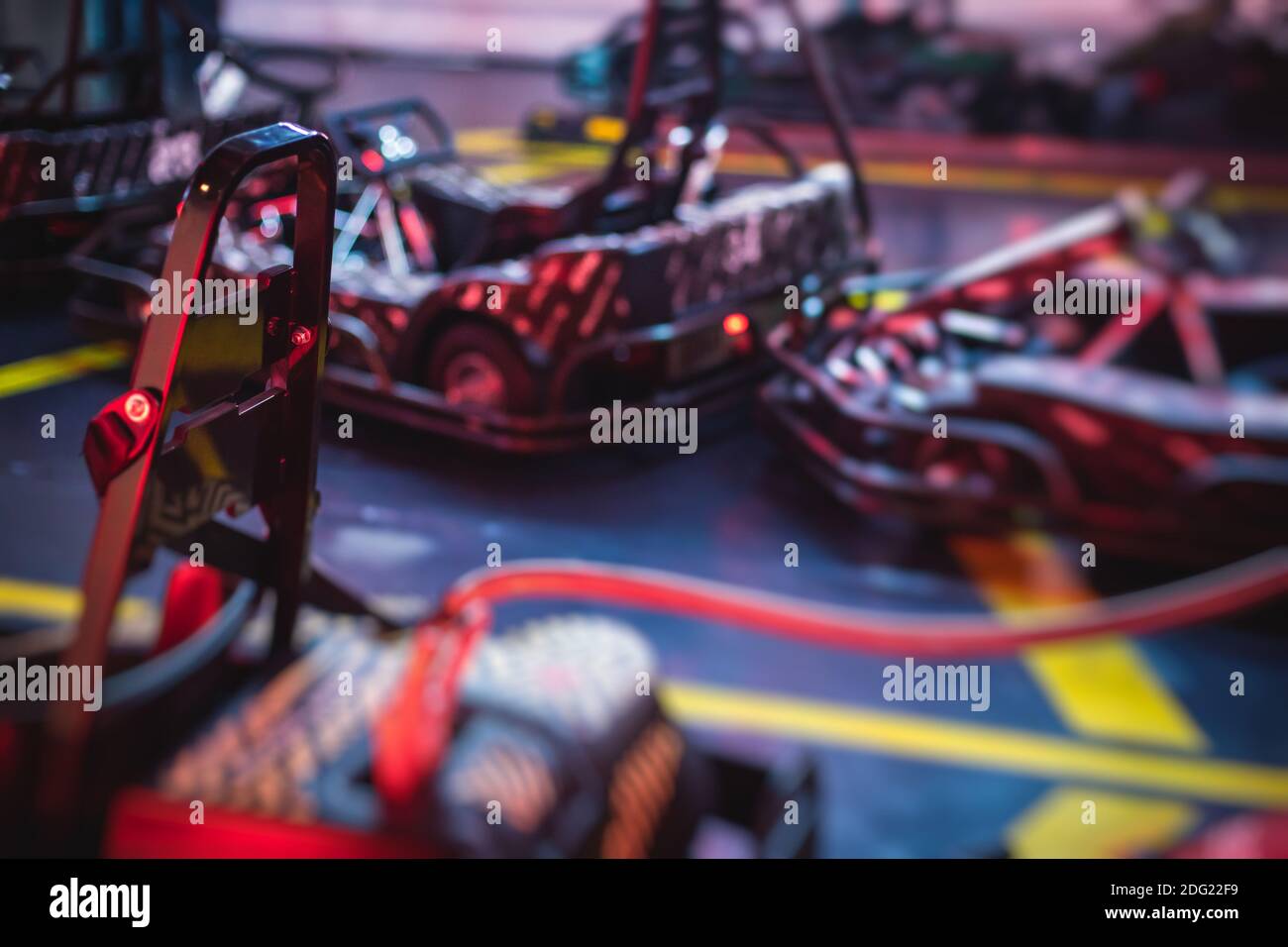 View of indoor electric karting racetrack, kart competition, go-cart ...