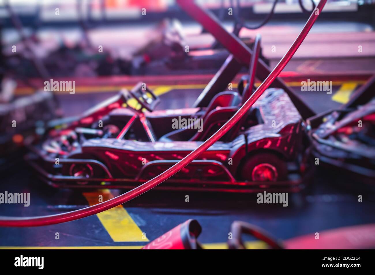 View of indoor electric karting racetrack, kart competition, go-cart ...