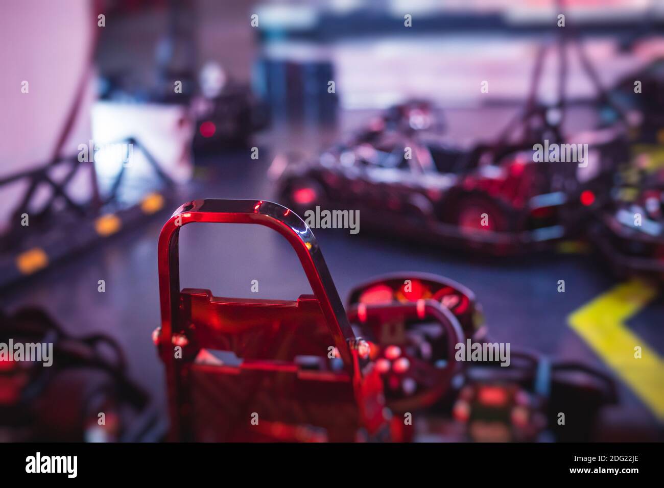 View of indoor electric karting racetrack, kart competition, go-cart ...