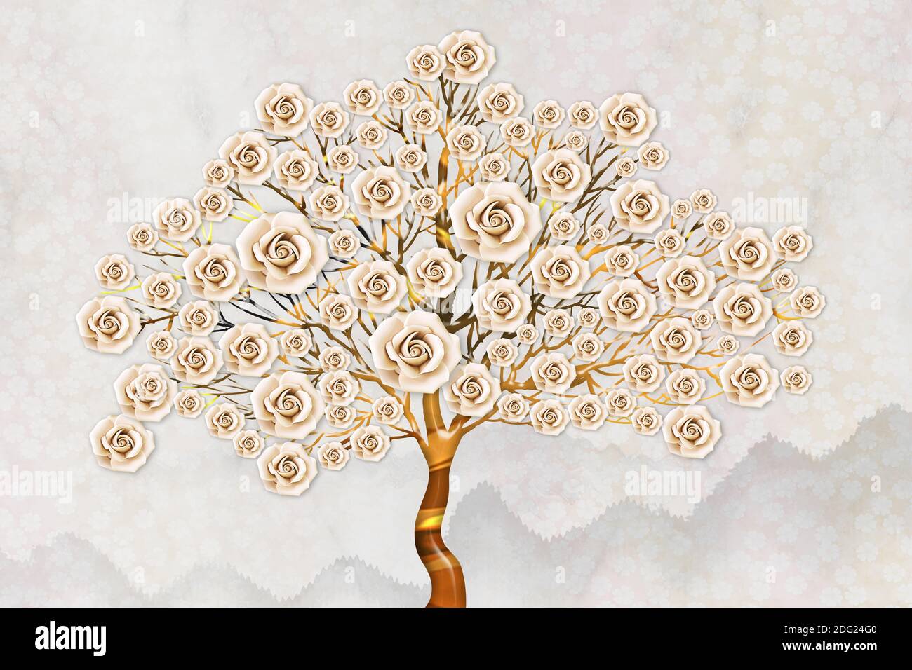 3D tree with pink roses, wood brown stump, beautiful background for ...