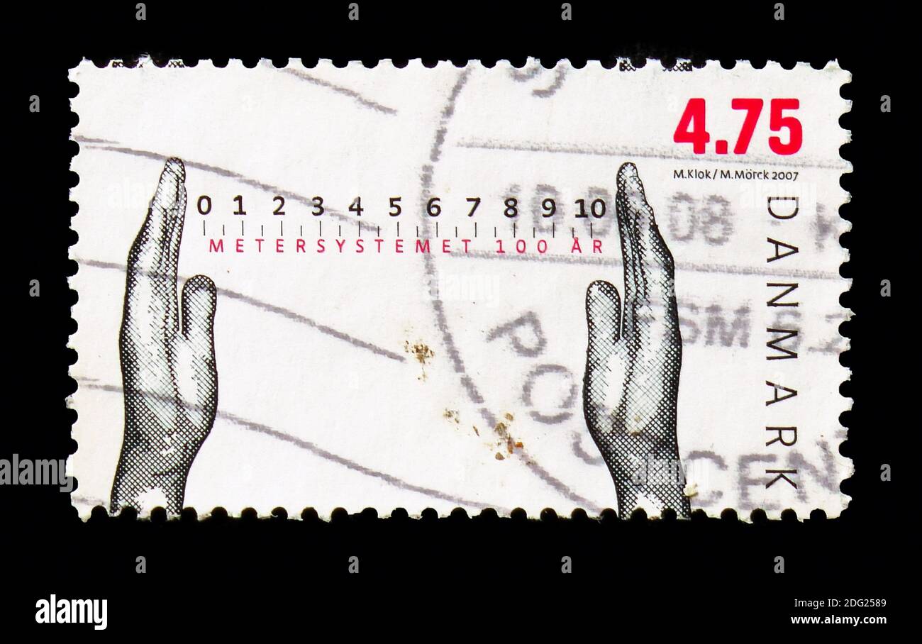 MOSCOW, RUSSIA - AUGUST 18, 2018: A stamp printed in Denmark shows 100 ...