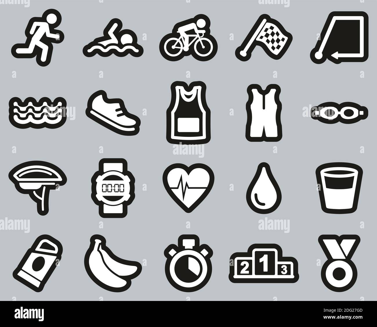 Triathlon Race & Equipment Icons White On Black Sticker Set Big Stock ...