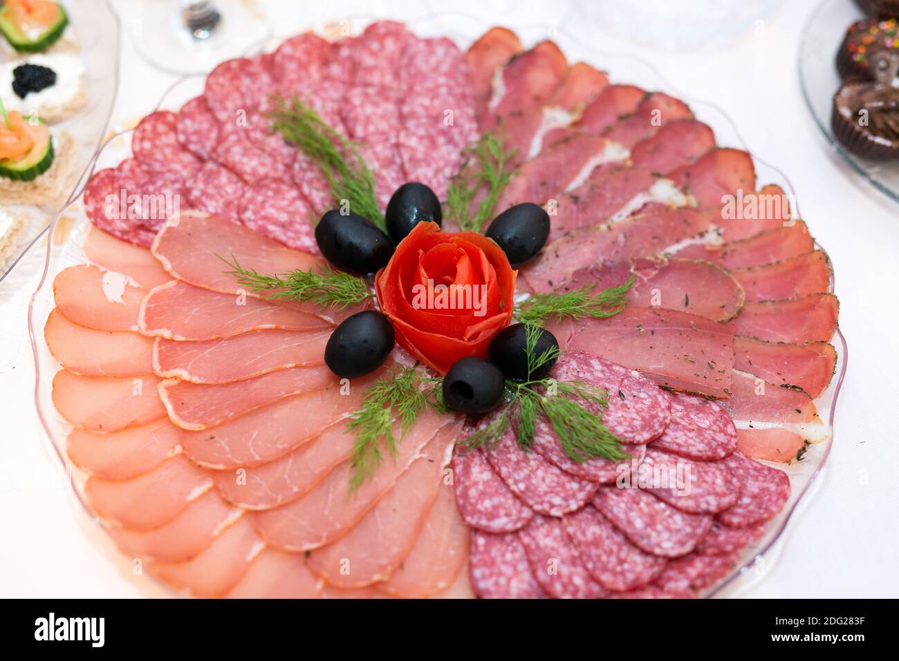 Different types delicacies of meat and cheese arranged in a plate over ...