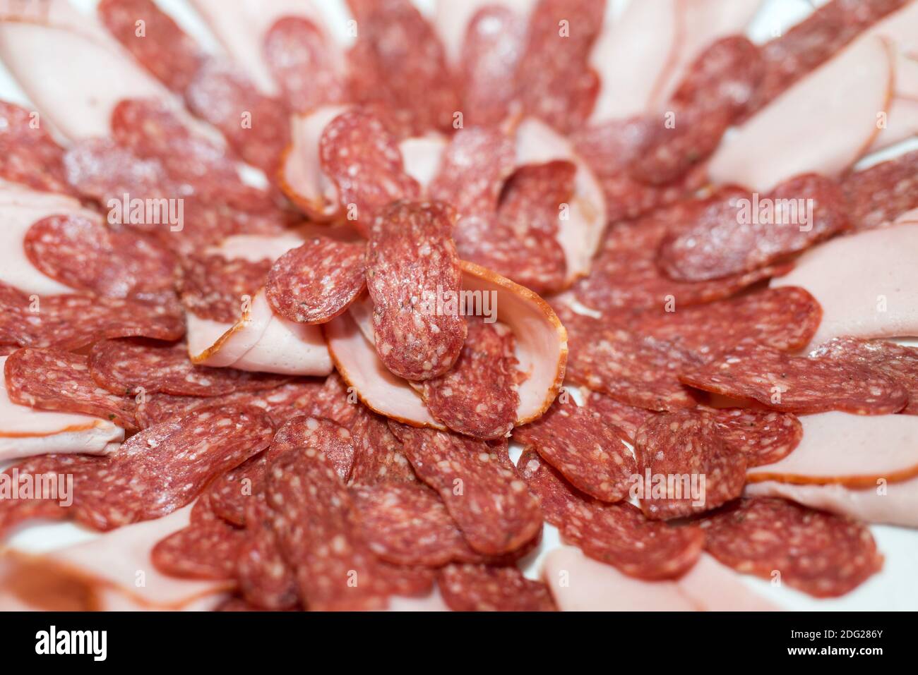 Different types delicacies of meat and cheese arranged in a plate over ...